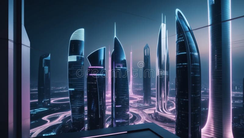 Futuristic Cityscape Illuminated by Glowing Lights at Night. Stock ...
