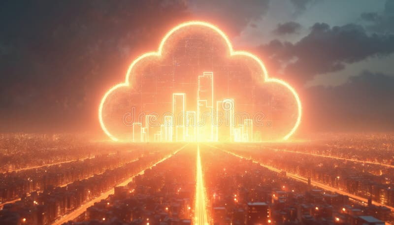 Futuristic Cityscape Illuminated by Glowing Orange Cloud Computing Network. Abstract Digital ...
