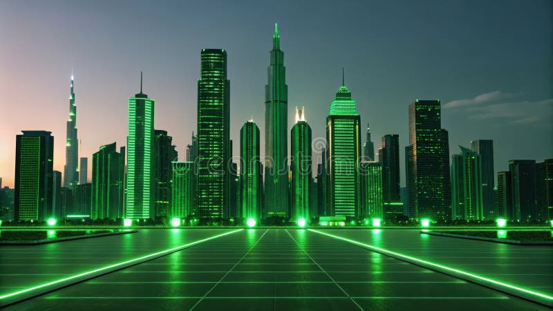 Futuristic Cityscape Illuminated with Green Lights Night Stock ...