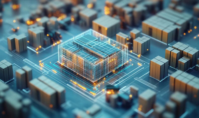 Futuristic Cityscape with Illuminated Grid-like Building Surrounded by ...