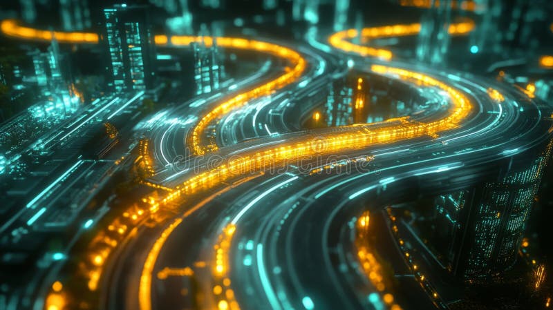 Futuristic Cityscape with Illuminated Highway System Stock Illustration ...