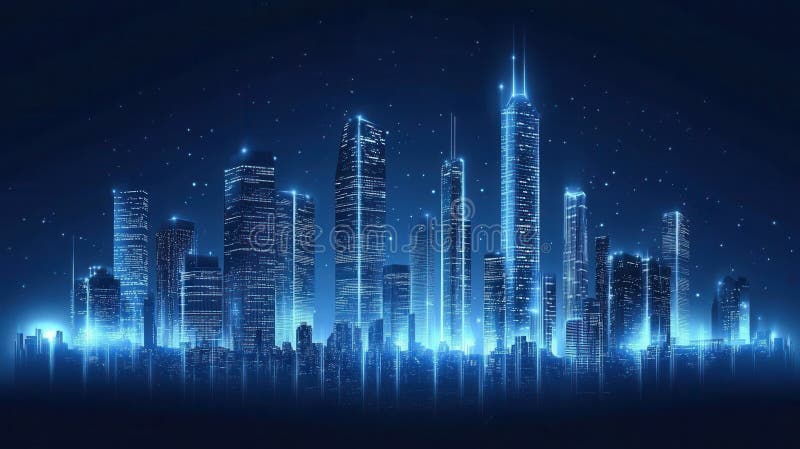 Futuristic Cityscape Illuminated at Night with Glowing Towers Stock ...