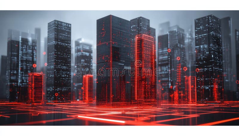 Futuristic Cityscape, Illuminated with Red Fiber Optic Connections and ...