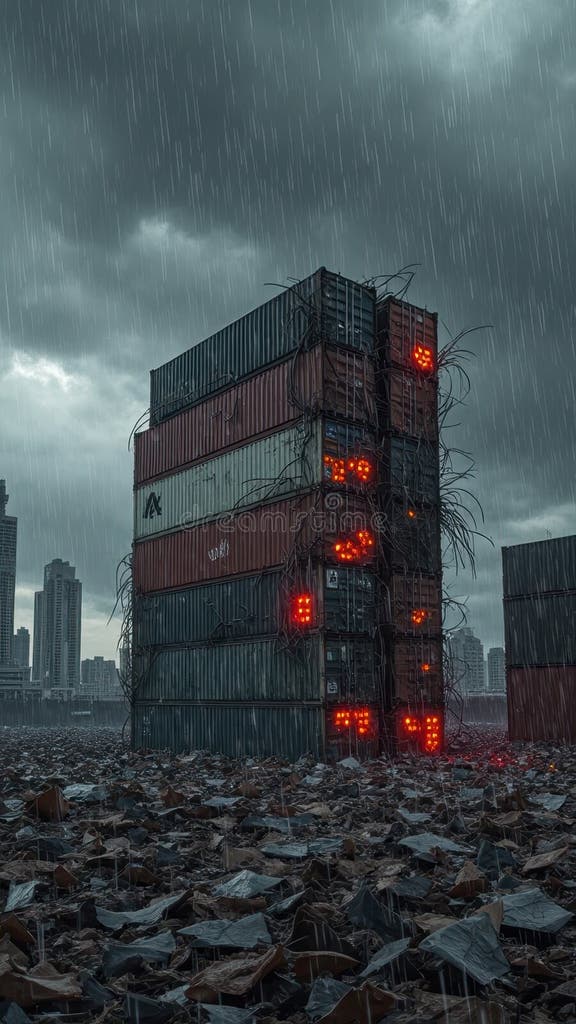 Futuristic Cityscape with Illuminated Shipping Containers in Rainstorm ...