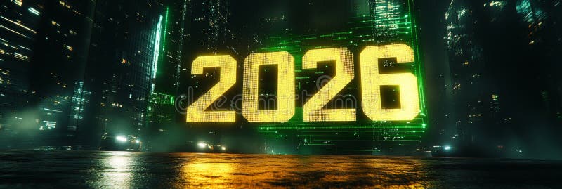 Futuristic Cityscape with Illuminated 2026 Sign, Representing ...