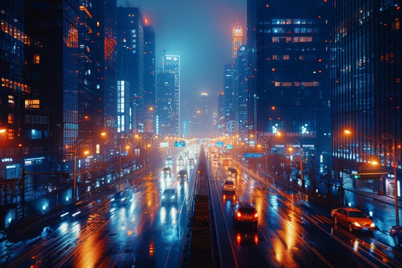 Futuristic Cityscape Illuminated Skyscrapers in a Technologically ...