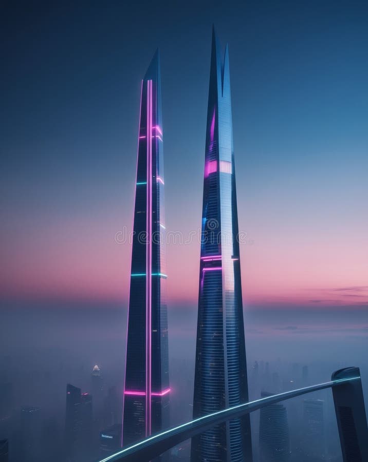 Futuristic Cityscape Illuminated Towers and Neon Lights Stock Image ...