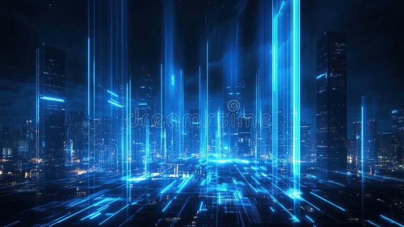 Futuristic Cityscape Illuminated by Vibrant Blue Beams Stock Image ...
