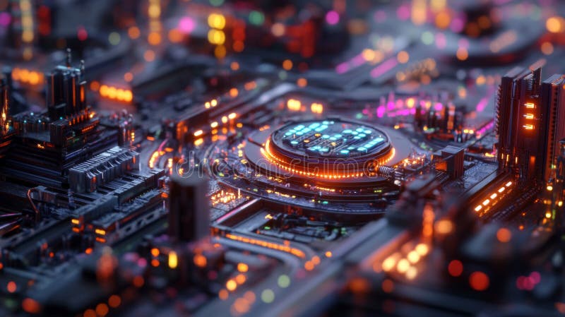 Futuristic Cityscape Integrated Circuit Board Design Stock Illustration ...