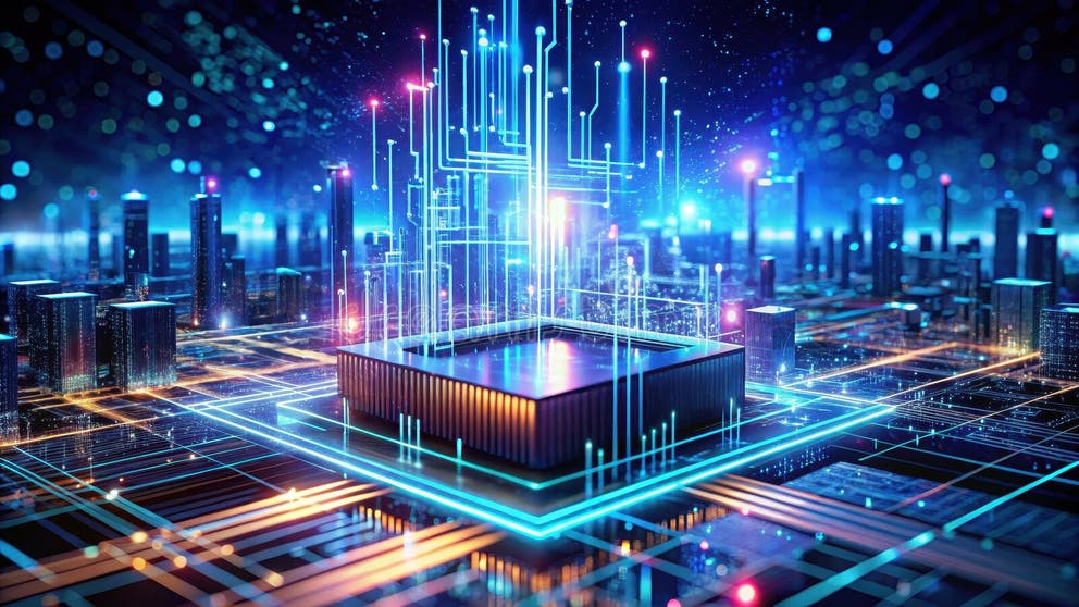 Futuristic Cityscape Integrated within a Complex Microchip Circuit ...