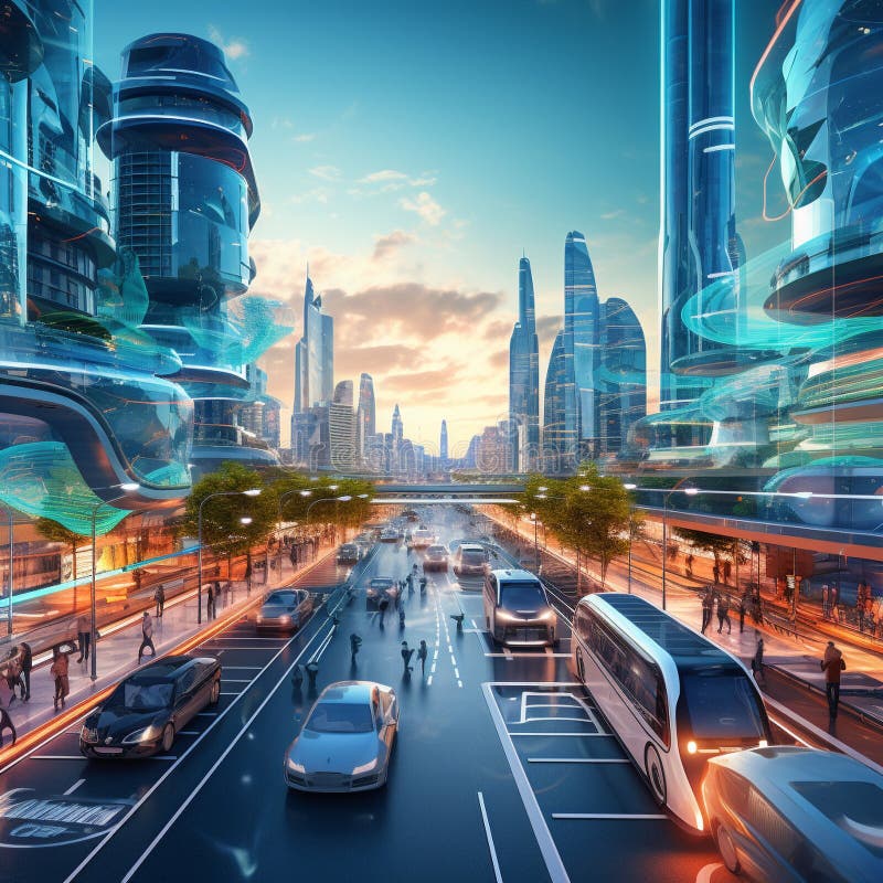 Futuristic Cityscape with Integrated Modes of Transportation Stock ...