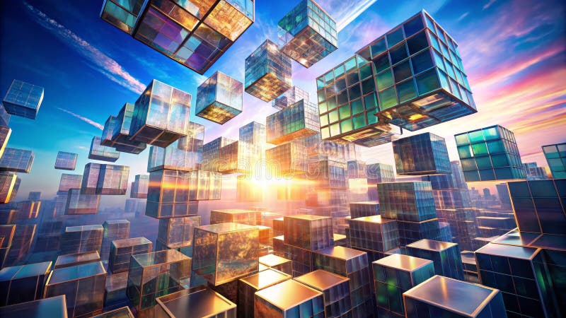 Futuristic Cityscape of Interconnected Glass Cubes at Sunrise ...