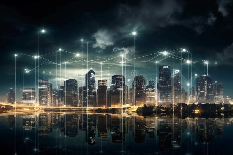 Futuristic Cityscape with Interconnected Smart Buildings. Big Data ...