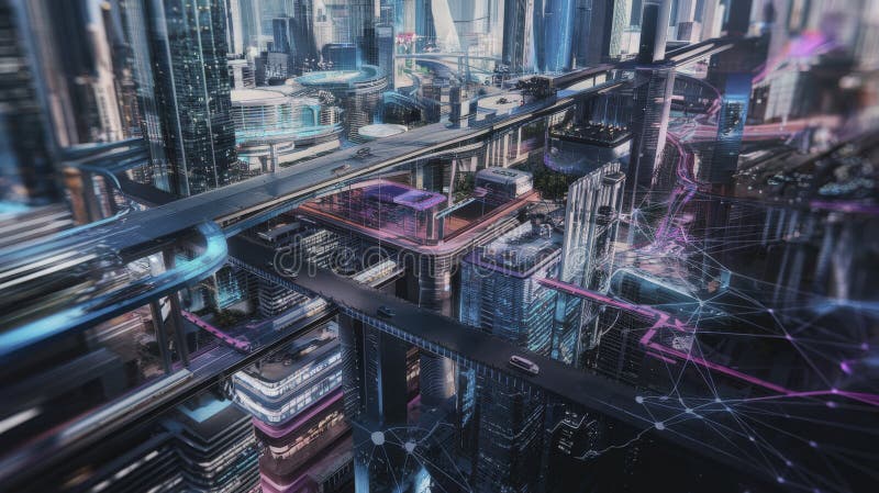 Futuristic Cityscape with Interconnected Transport Urban Environment ...