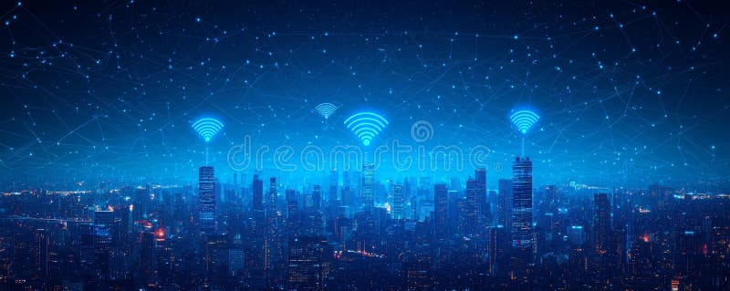 Futuristic Cityscape with Interconnected Wireless Network Over ...