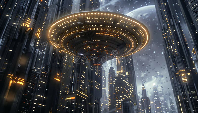 A Futuristic Cityscape with a Large, Glowing UFO Hovering Above the ...