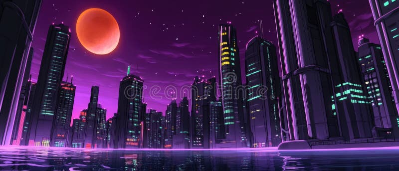 "CITYSCAPE UNDER RED MOON and WATER REFLECTION" Stock Illustration ...