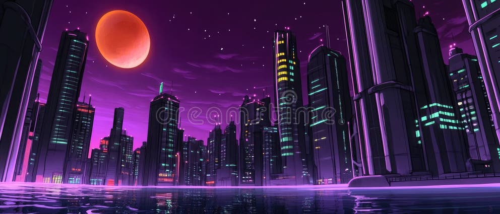 "CITYSCAPE UNDER RED MOON and WATER REFLECTION" Stock Illustration ...