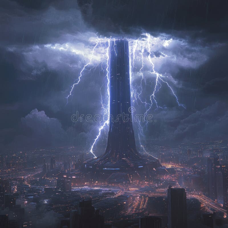Futuristic Cityscape with Lightning Striking Tower at Night Stock Image ...