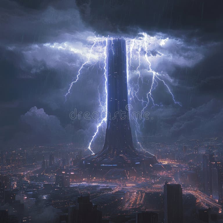 Futuristic Cityscape with Lightning Striking Tower at Night Stock Image ...