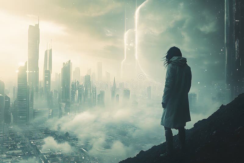 Futuristic Cityscape with a Lone Figure Overlooking the Skyline Stock ...