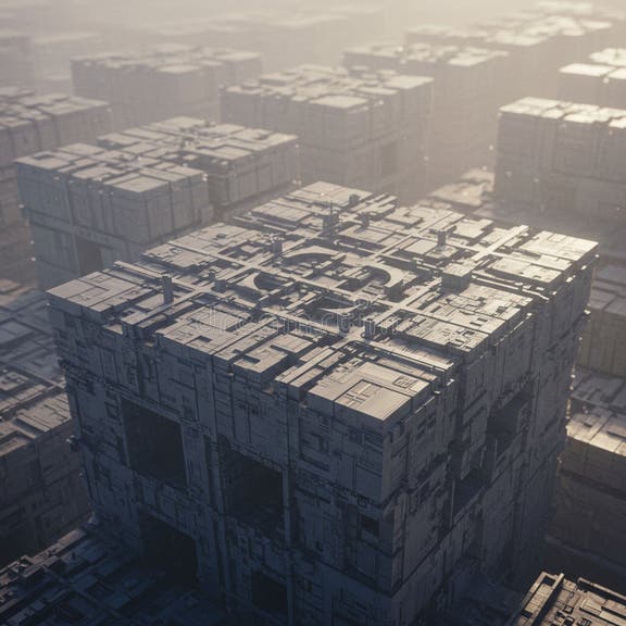 Futuristic Cityscape with Massive, Cube-shaped Structures Arranged in a ...