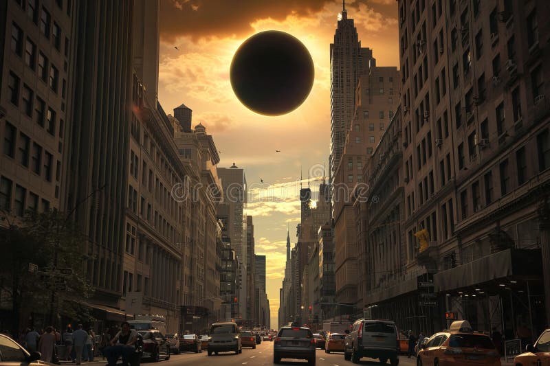 Futuristic Cityscape with a Massive Dark Sphere Floating in the Sky ...
