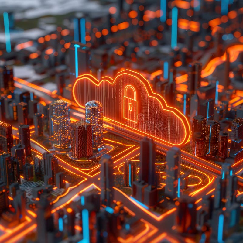 Futuristic Cityscape with Metallic Lock Icon in Minimalist Cloud and ...