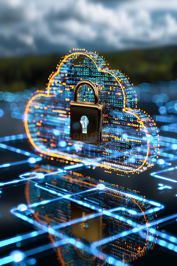 Futuristic Cityscape with Minimalist Cloud and Metallic Lock Icon ...