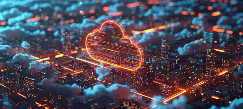 Futuristic Cityscape with Minimalist Cloud and Metallic Lock Icon Symbolizing Data Security ...