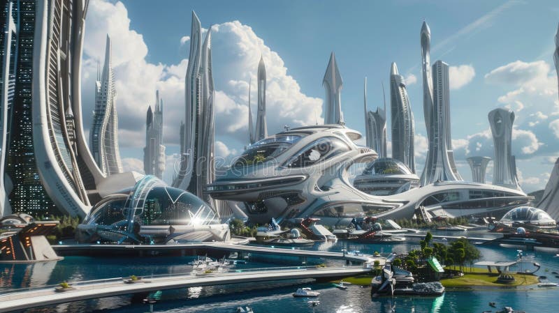 Futuristic Cityscape with Modern Architecture and Waterways Stock ...