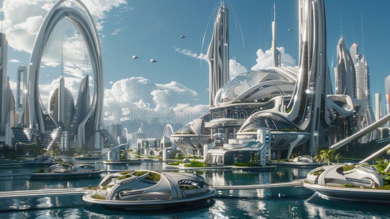 Futuristic Cityscape with Modern Architecture and Waterways Stock ...