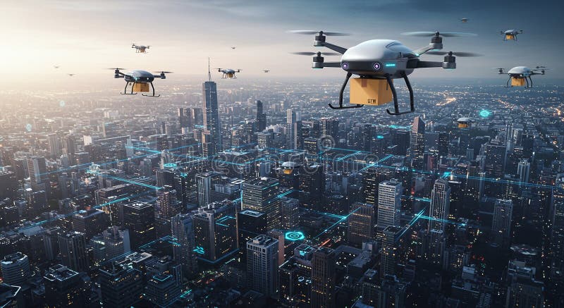 Futuristic Cityscape with Multiple Drones Flying Over High-rise ...