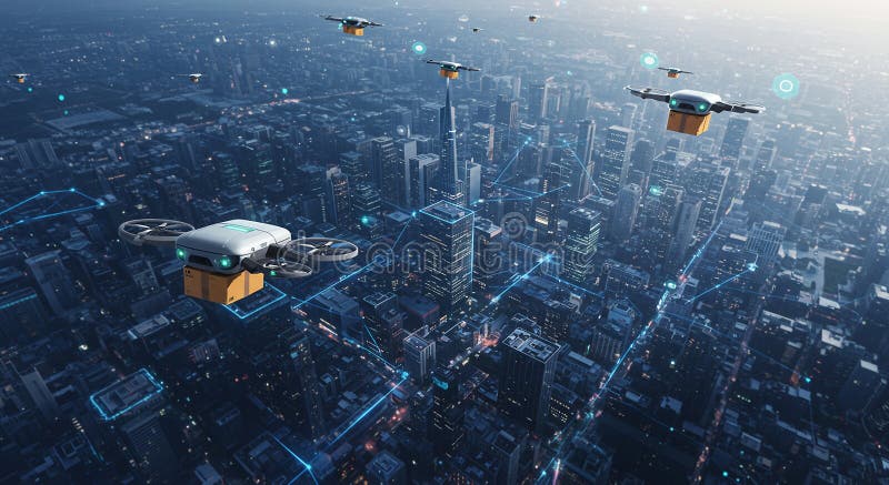A Futuristic Cityscape with Multiple Drones Flying Over an Urban Area ...