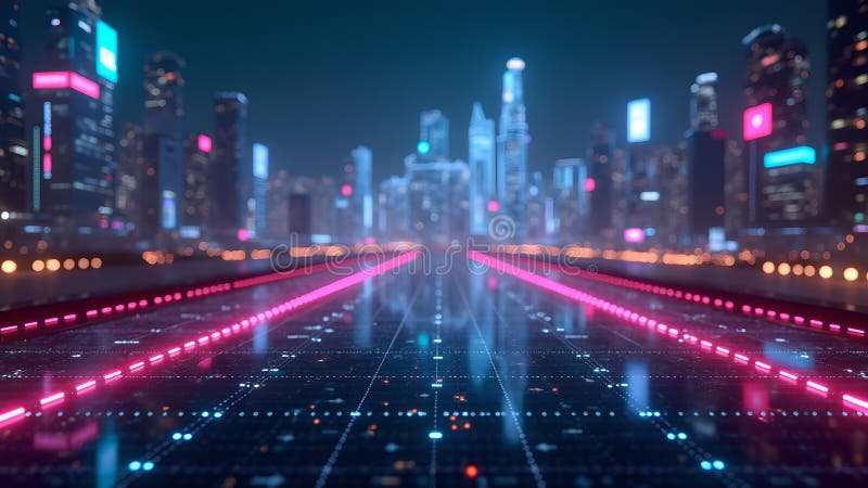 Futuristic Cityscape with Neon Grid Perspective Stock Illustration ...