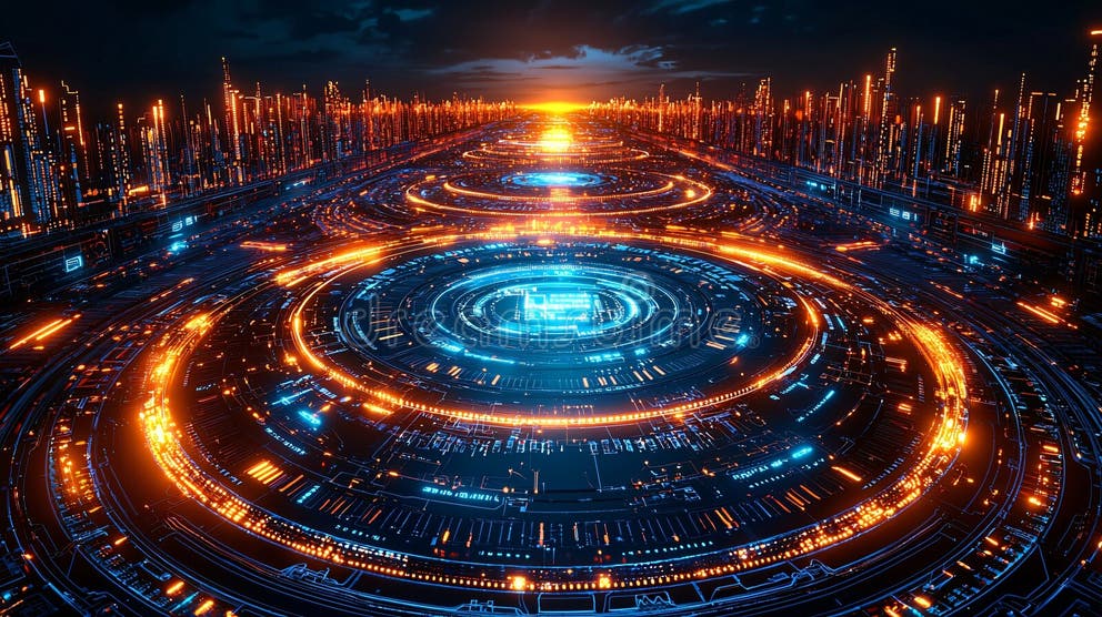 Futuristic Cityscape Neon Lights Circular Pathways Digital Interface Sci Fi Technology AI ...