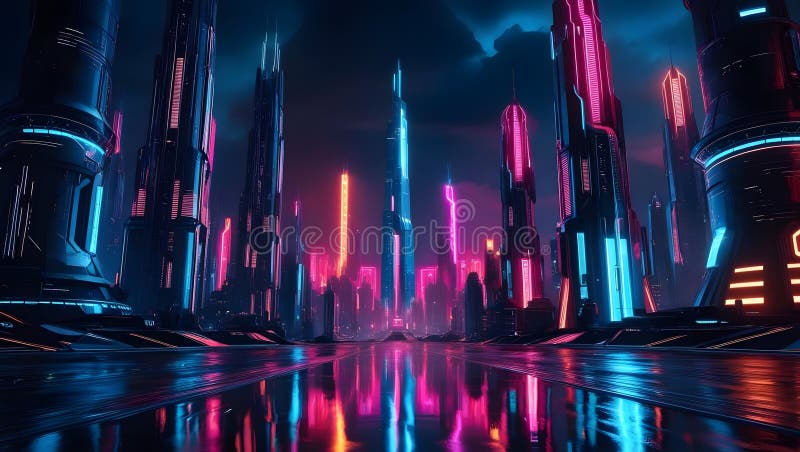 Futuristic Cityscape Neon Lights Digital Art Urban Environment Low ...