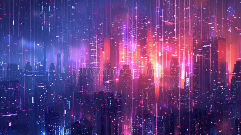 Futuristic Cityscape with Neon Lights and Digital Code an Abstract Cybernetic Art Experience ...