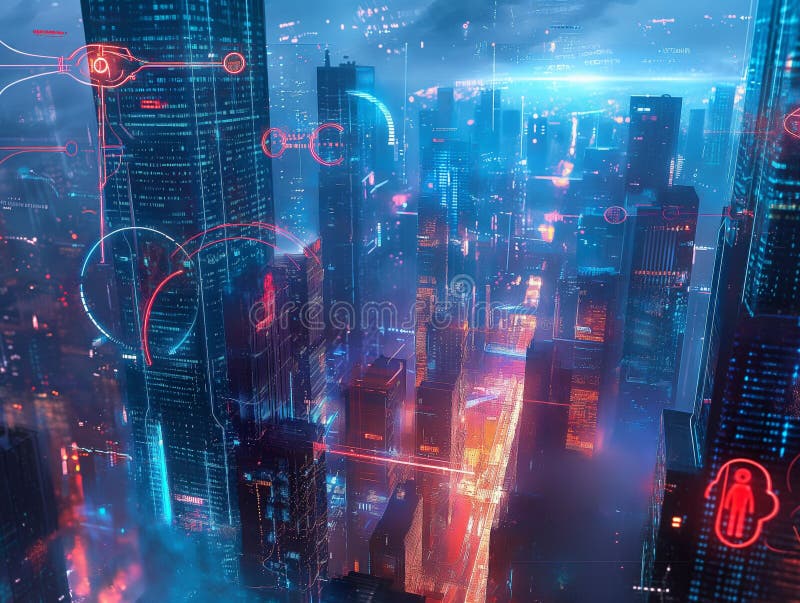 Futuristic Cityscape with Neon Lights and Digital Interface Stock Photo ...