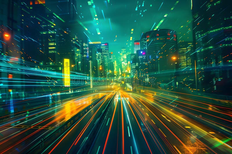 Futuristic Cityscape with Neon Lights and Digital Lines - AI Generated ...