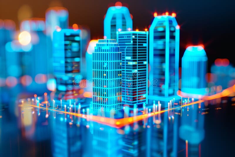 Futuristic Cityscape with Neon Lights and Digital Network Connection ...