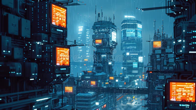 A Futuristic Cityscape with Neon Lights and a Large Building, AI Stock ...