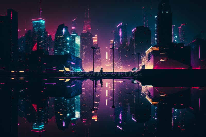 Futuristic Cityscape with Neon Lights at Night. Generative AI Stock ...