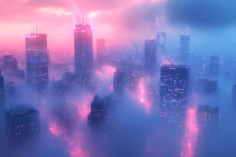 Futuristic Cityscape with Neon Lights Piercing through Fog at Sunset ...