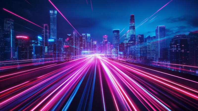 Futuristic Cityscape with Neon Lights and Speeding Traffic Stock ...