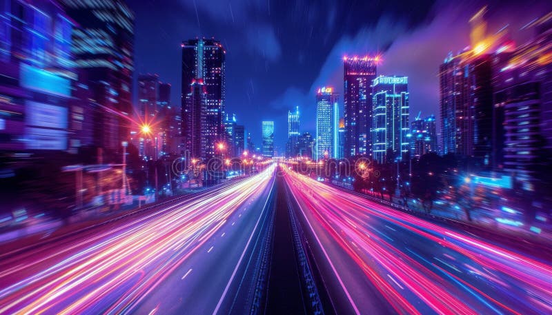 Futuristic Cityscape with Neon Lights and Streaks of Light Stock Photo ...