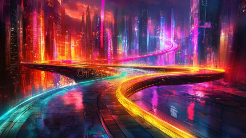 Futuristic Cityscape with Neon Lights and Winding Road Stock Photo ...
