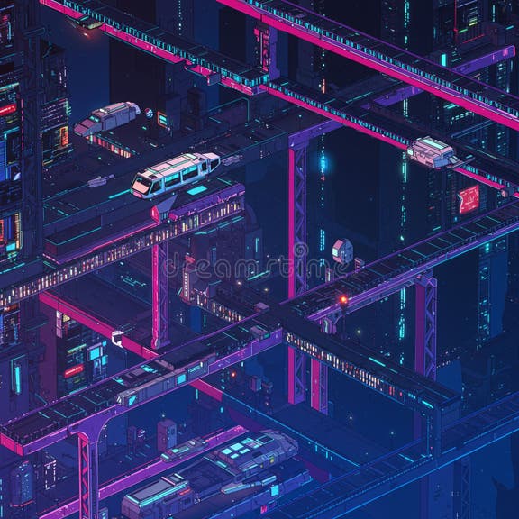 Futuristic Cityscape with Neon-lit Elevated Roads and Rail Systems, Featuring Stock Illustration ...