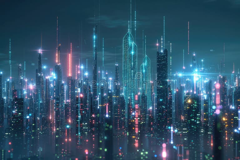 Futuristic Cityscape Neon-lit Towers a Futuristic Cityscape Powered by AI Algorithms Stock ...