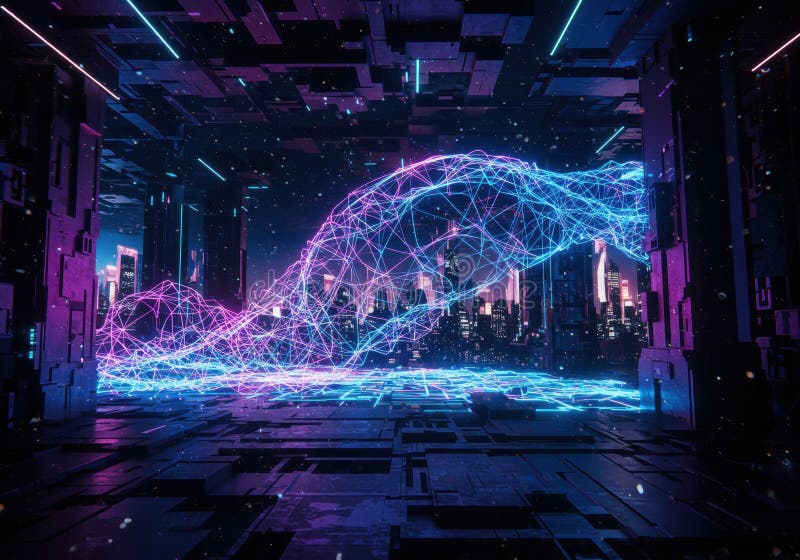 Futuristic Cityscape with Neon Wave and Digital Network in a Cyberpunk ...